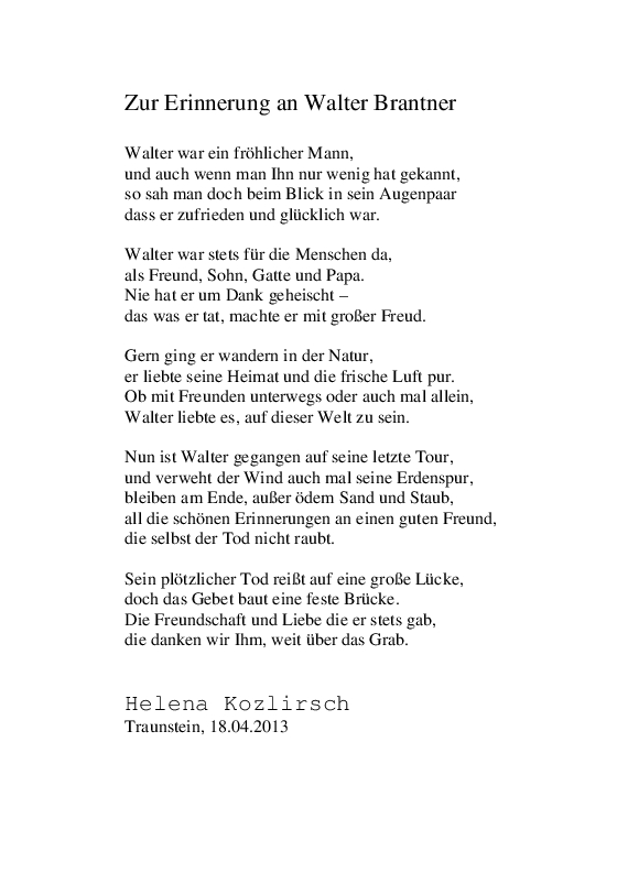 Gedicht zur Erinnerung an Walter Brantner
